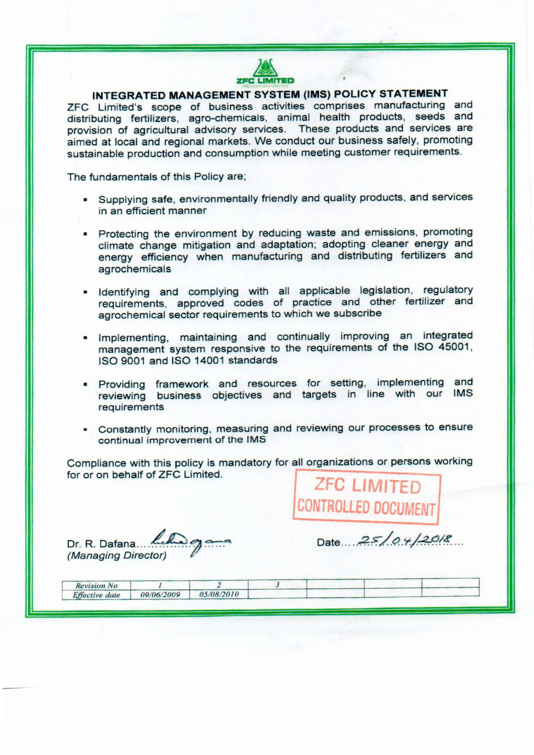 IMS Policy - ZFC Limited